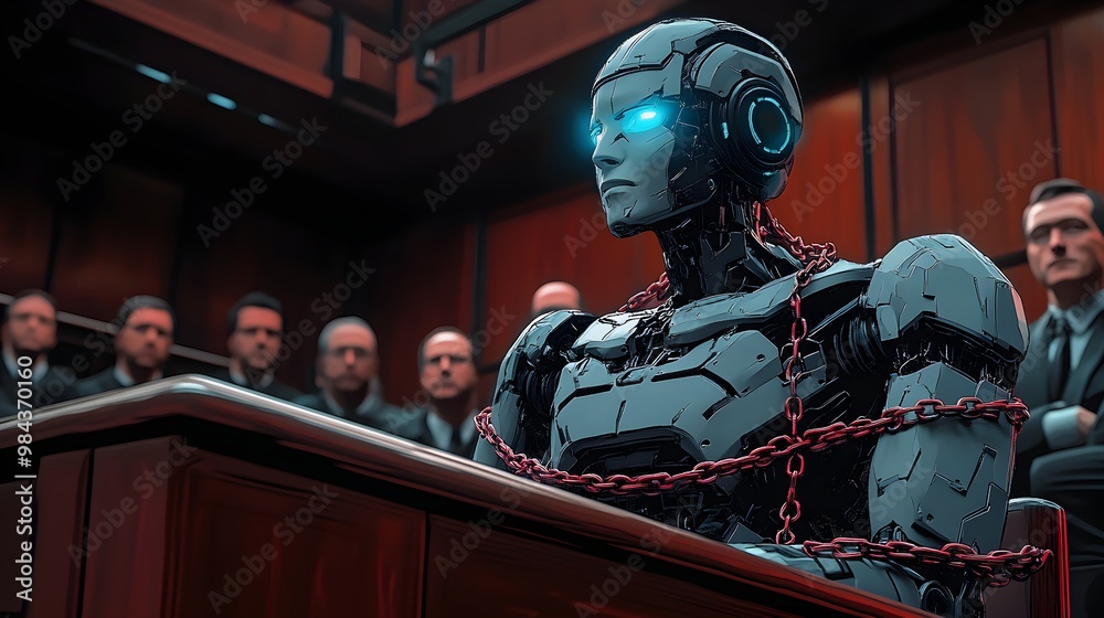 An AI humanoid in the defendant's stand, bound by digital chains that ...
