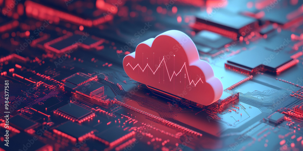 A glowing cloud icon with a data pulse overlayed on a circuit board ...