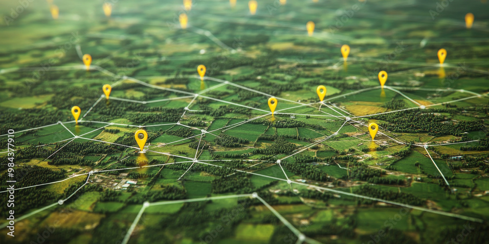 A 3D-rendered map showing yellow location pins and routes, representing ...