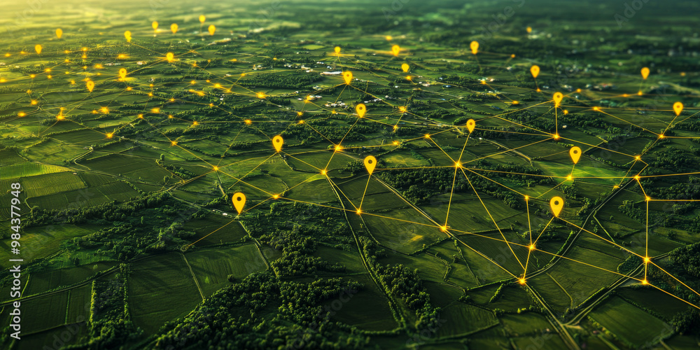 A 3D-rendered map showing yellow location pins and routes, representing ...