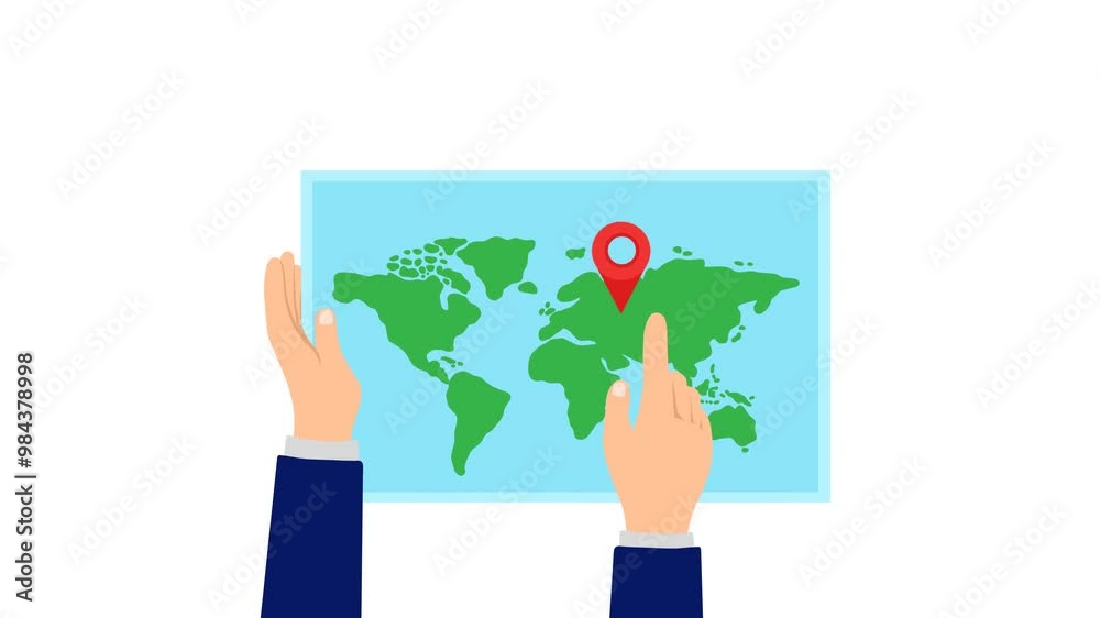 4K video Map Footage with Hand, world map and Pin Location on White ...