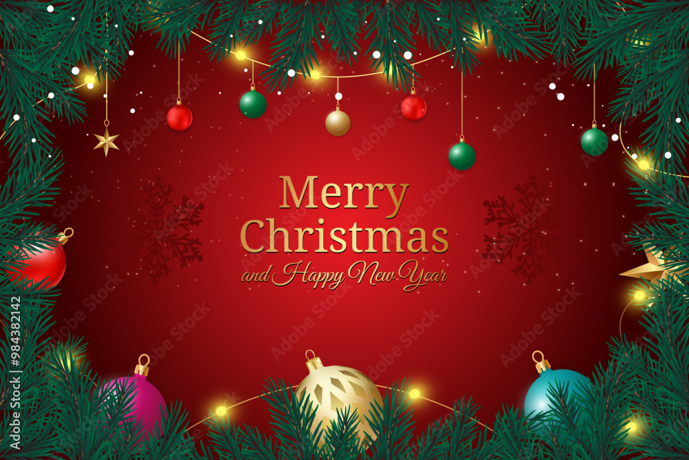 Christmas border with fir branches and decoration ornaments elements on ...
