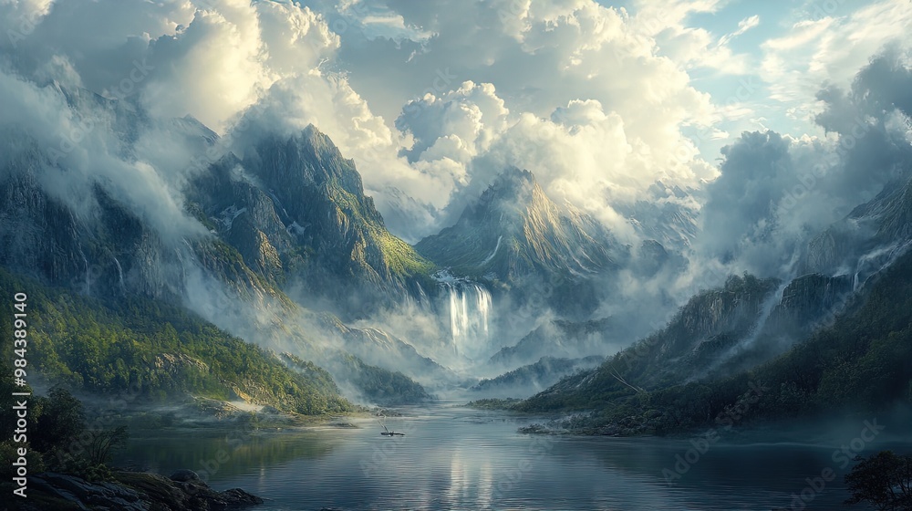 A breathtaking scene featuring a remote, dramatic landscape. Tall ...