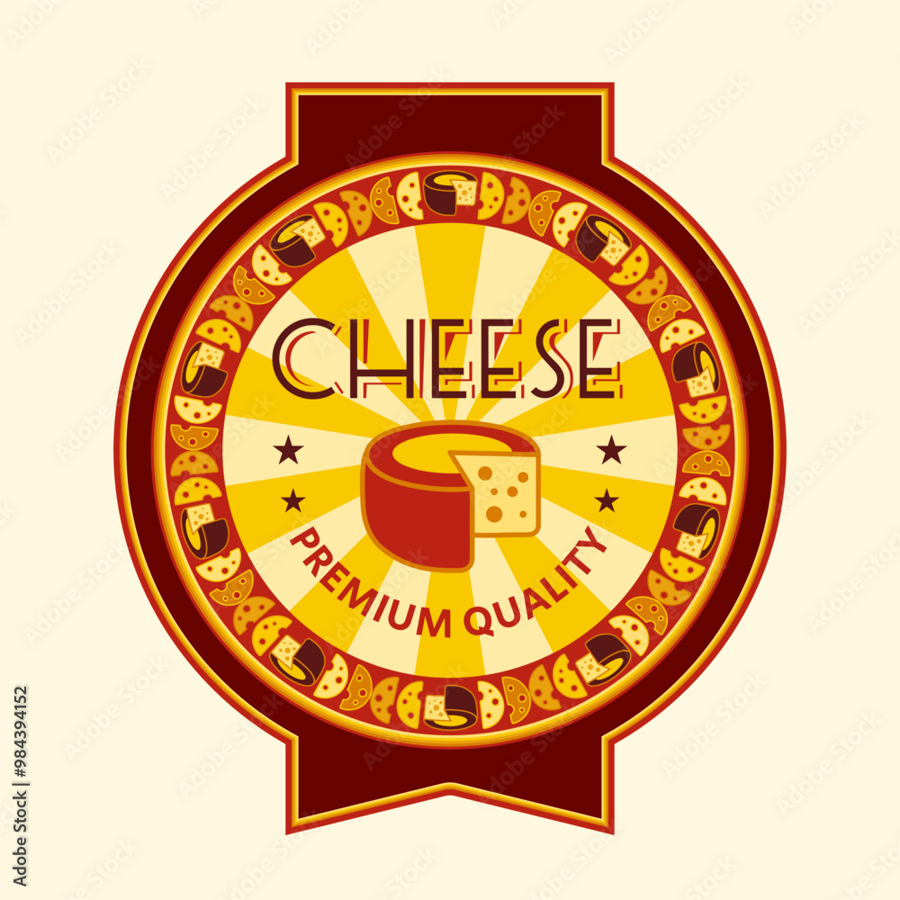 Circular cheese label template with icons of cheese wheel, slices, text ...