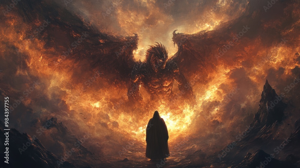 Jesus battles fallen angels in fiery epic biblical fantasy art Stock ...