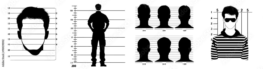 There is a blank police lineup or mugshot background with a height ...