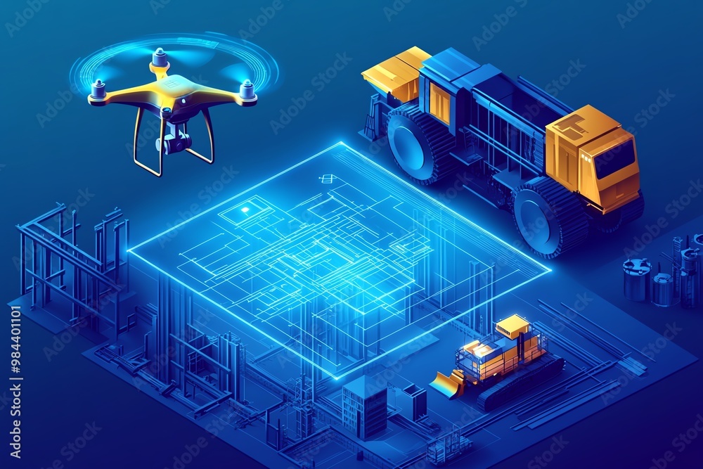 Futuristic construction site with technology elements like drone and ...