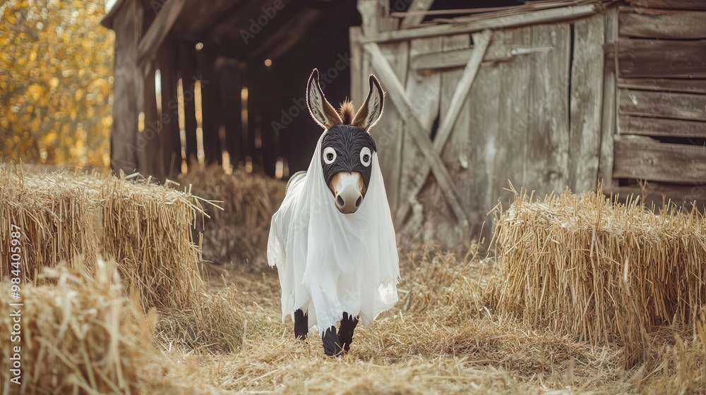 Donkey dressed as a ghost walking through a haunted farm, ghost donkey ...