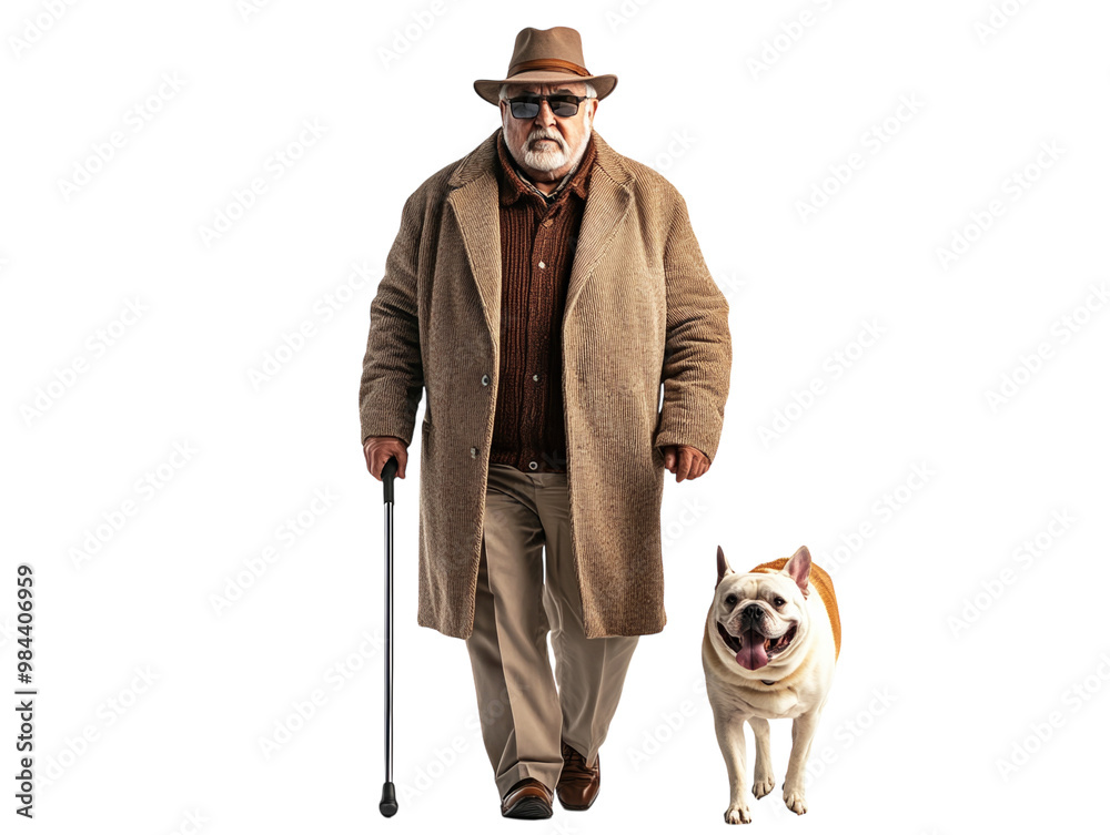 Older man walking with a guide dog, wearing a hat and sunglasses ...