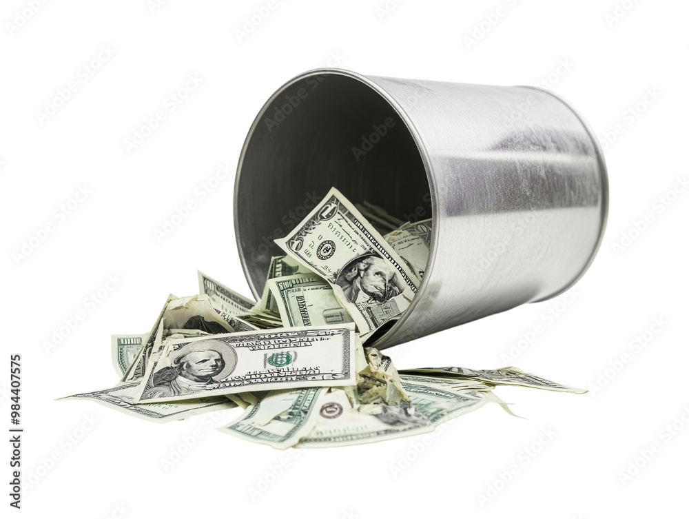Crumpled dollar bills spilling out from a metal trash bin, isolated on ...