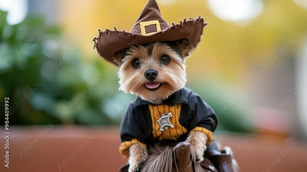 Yorkshire terrier dressed as a cowboy riding a tiny hobby horse, cowboy ...