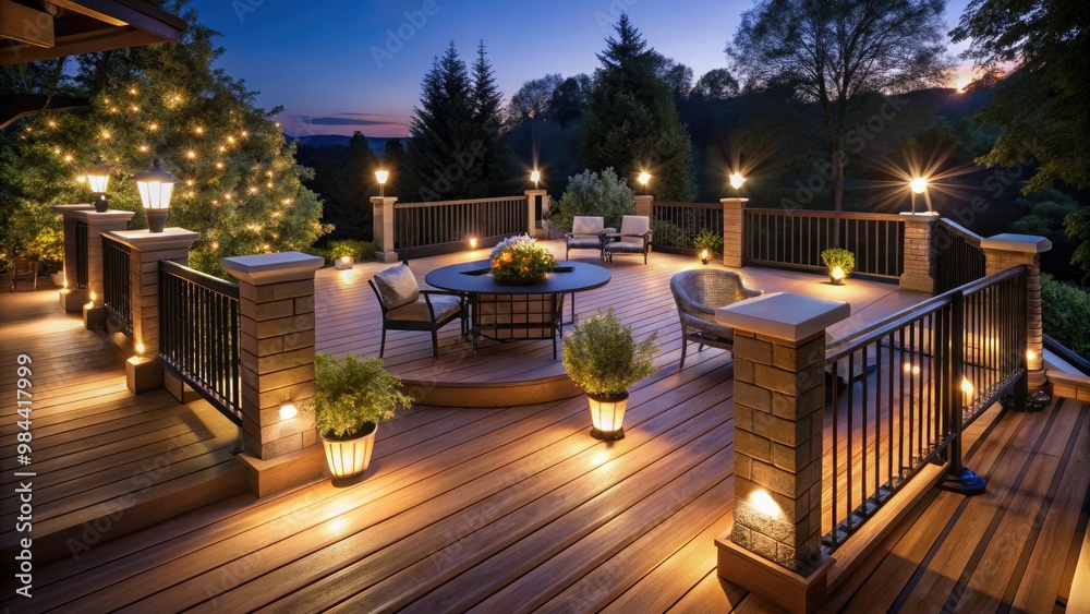 Softly glowing string lights wrapped around railings and trellises ...