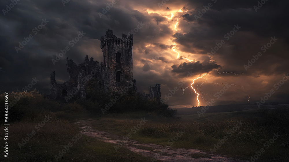 A storm brewing over an abandoned castle, with lightning illuminating ...