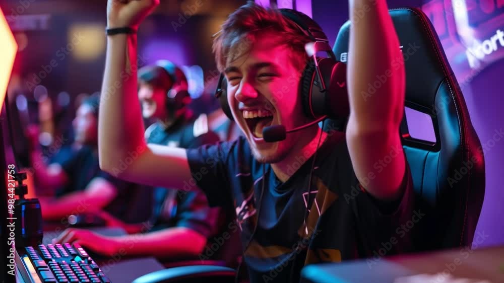 An esports player joyfully celebrates after a significant win, raising ...