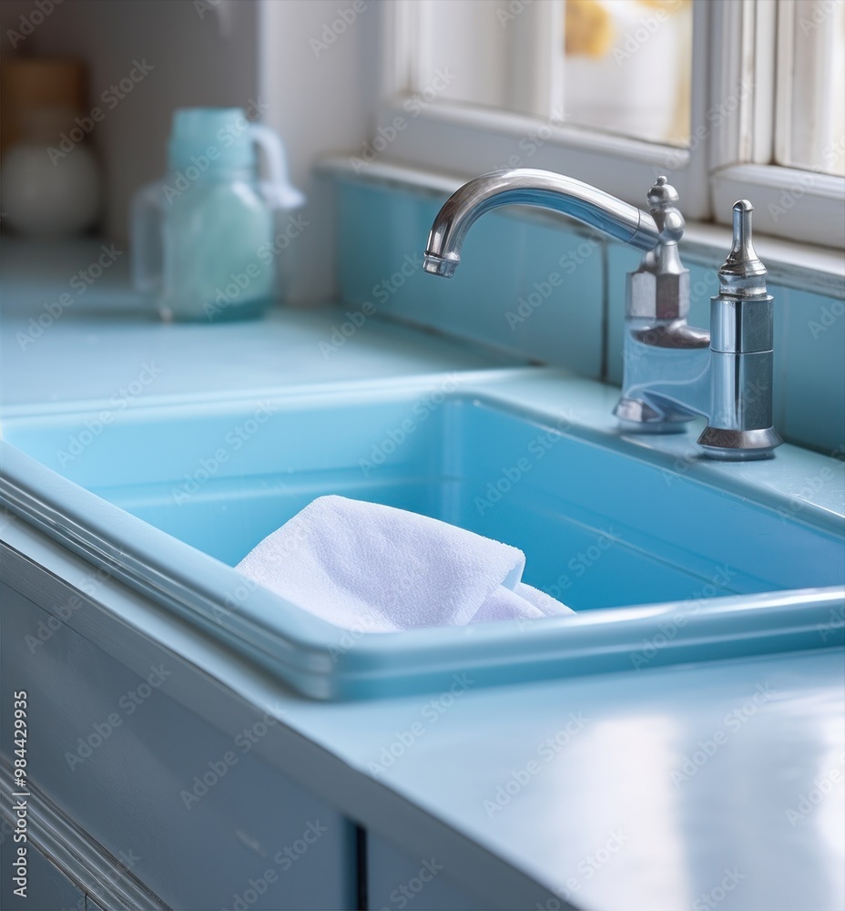 A modern kitchen sink featuring a towel, beautifully illuminated by ...