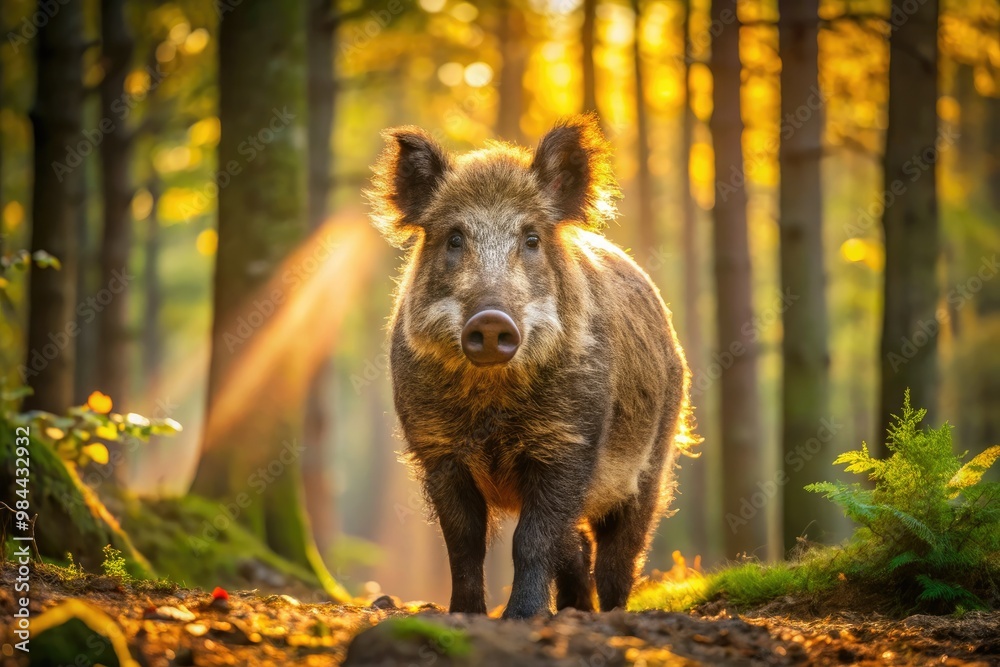Wild boar stands still in forest glade, sunlight dancing across its ...