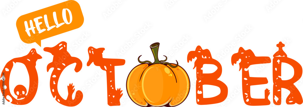 Hello October text with pumpkin isolated on transparent background ...