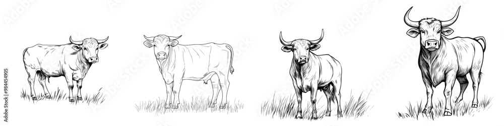 A cattle with grass in continuous line art drawing style. Lineart ...