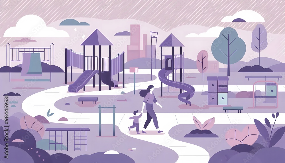 A mother and child playing through a suburban playground in lavender ...