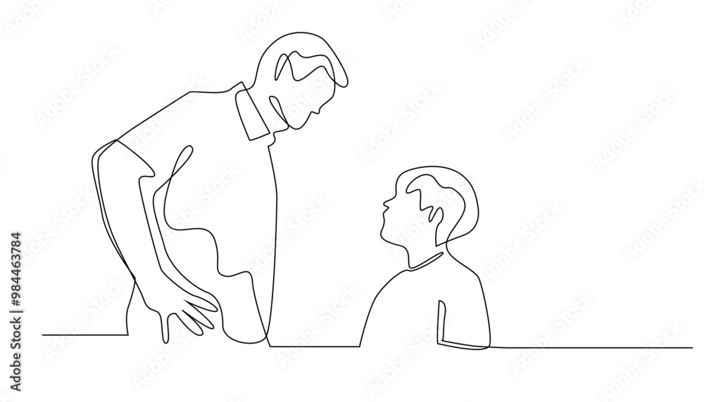 continuous line drawing of father scolding son. one line drawing of ...