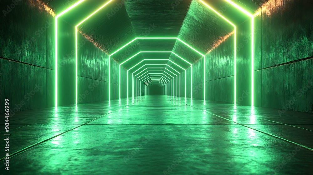 A 3D-rendered cyber tunnel with intersecting neon green geometric lines ...