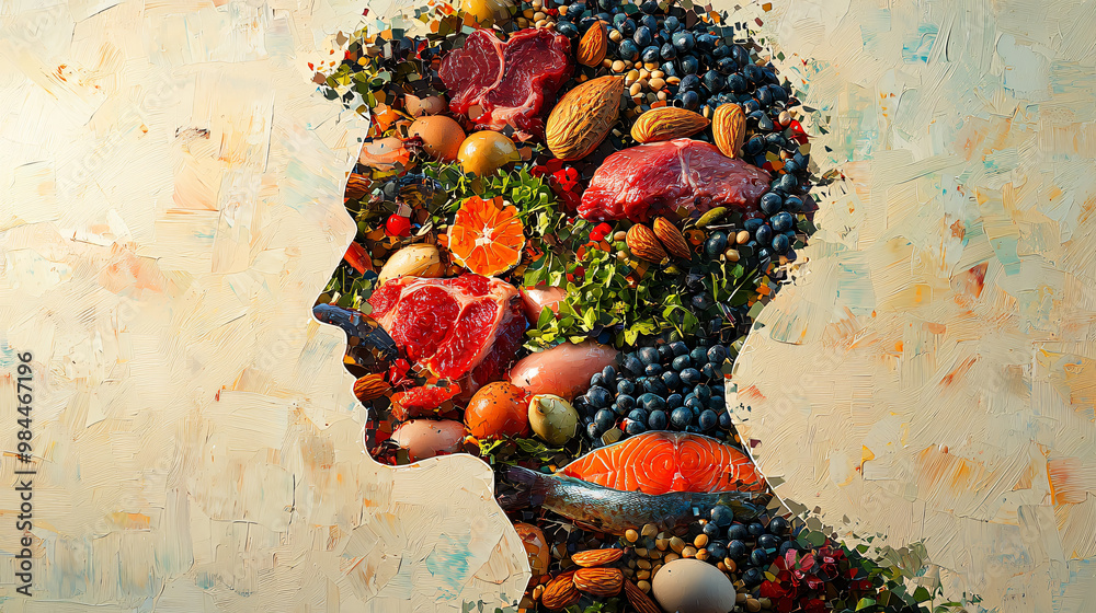 a human silhouette filled with various protein-rich foods. The outline ...