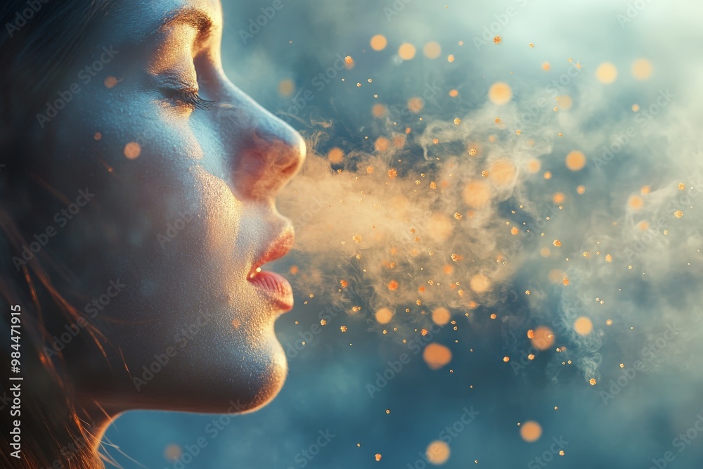 Glowing particles and abstract light patterns are suspended in a smoky ...