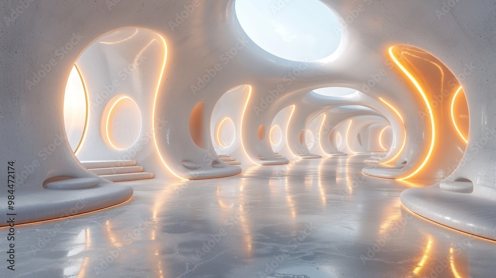 Interior of futuristic white round room with lights in the walls and ...