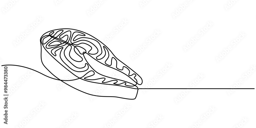 continuous one line vector drawing of piece of fish, salmon. Line art ...
