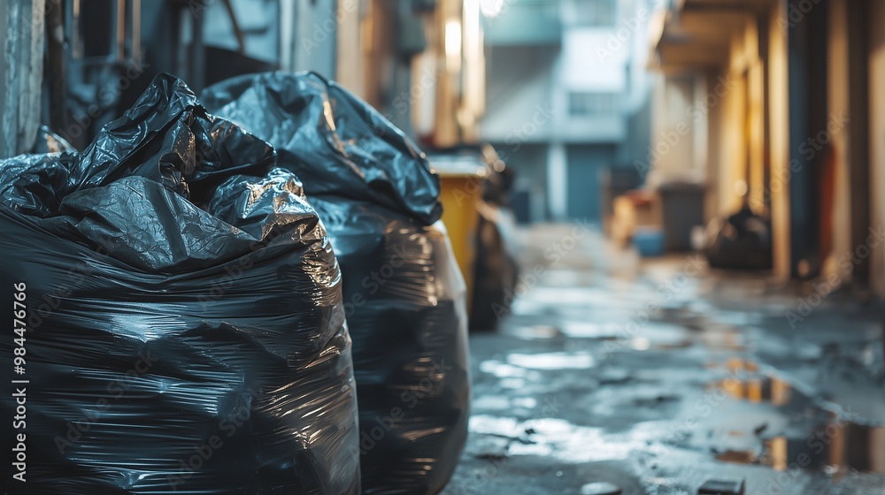 Garbage bags in an urban alley, highlighting waste management and ...