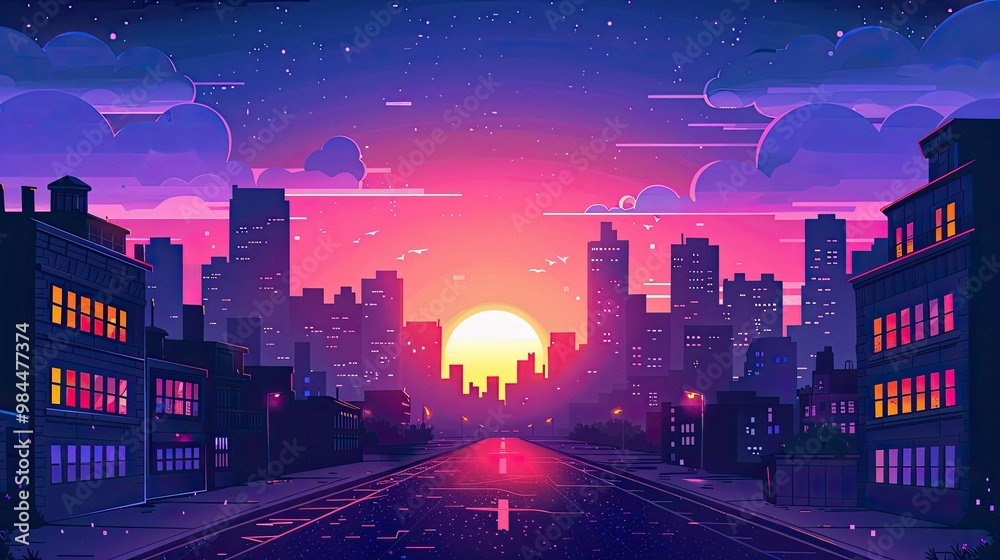 2d city video game background, arcade game game level scene with ...