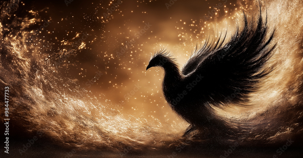 Black phoenix rising from ashes with golden sparks, symbol of death and ...