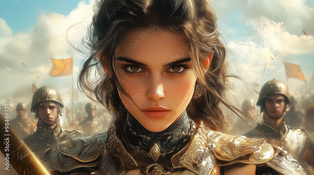 A powerful female warrior and her army stand atop a battlefield ...