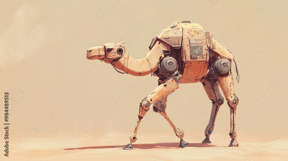 Camel robot walking slowly across a pastel beige background, with ...