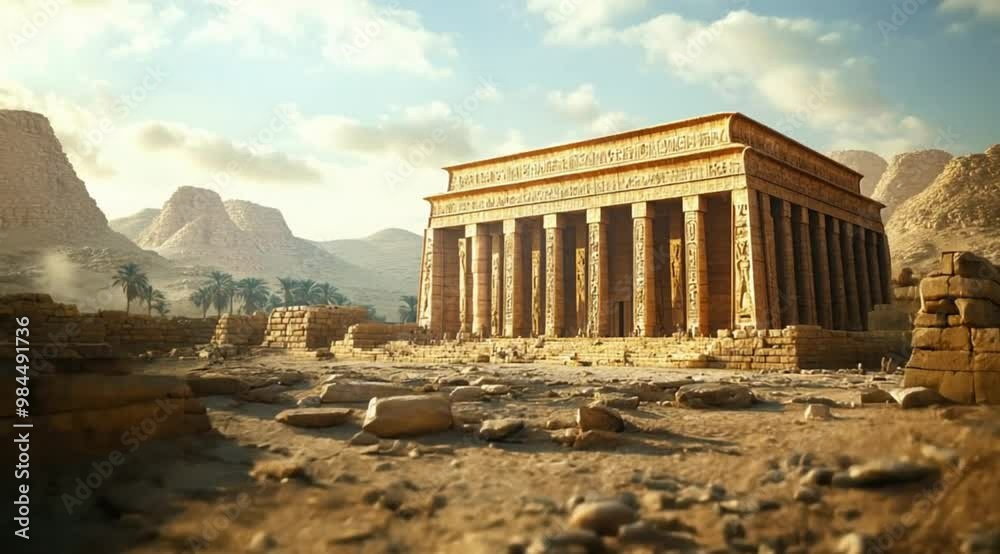 Scene of a ruins of ancient egyptian buildings, Camera slow motion with ...