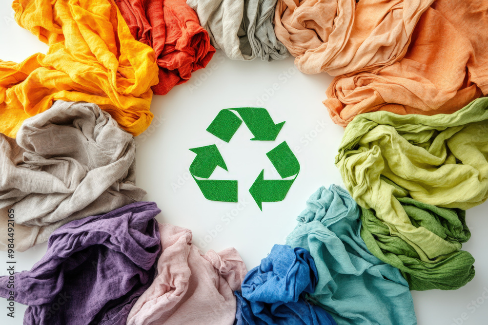 Crumpled colorful textile waste forming a circle around a recycling ...