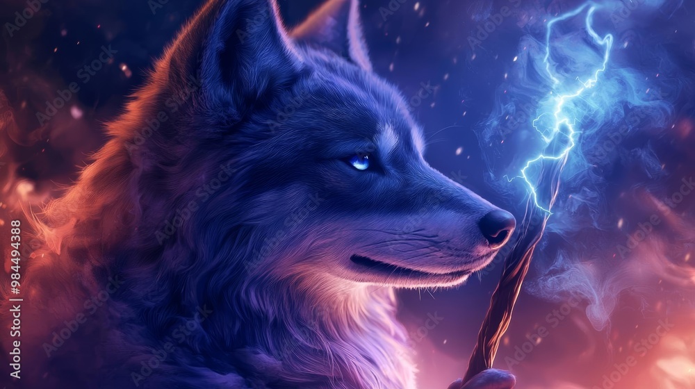 Wolf dressed as a wizard summoning lightning from a staff in a stormy ...
