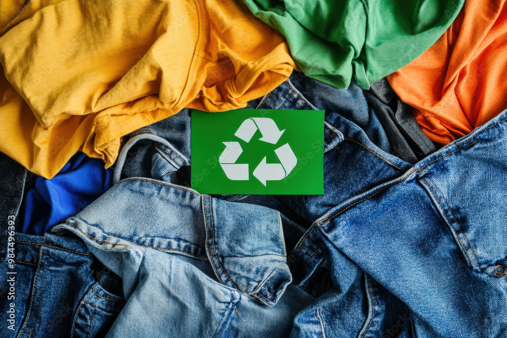 Green recycling symbol lying on used clothes for a circular fashion and ...