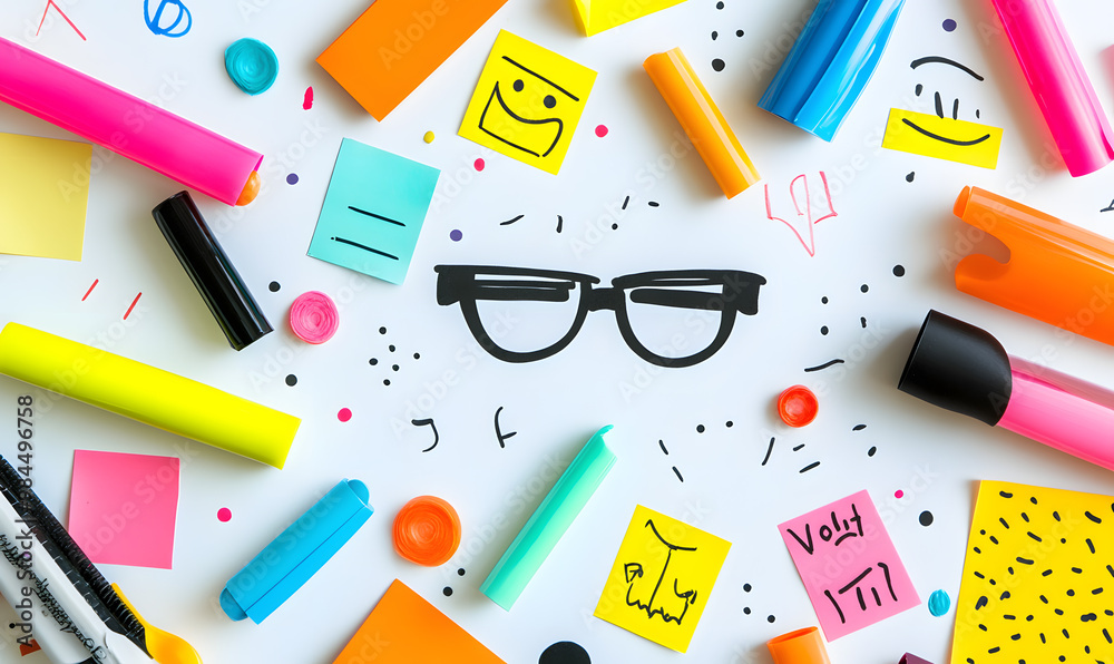 stationery in doodle 2D illustrator style, with cartoonish/symbolic ...