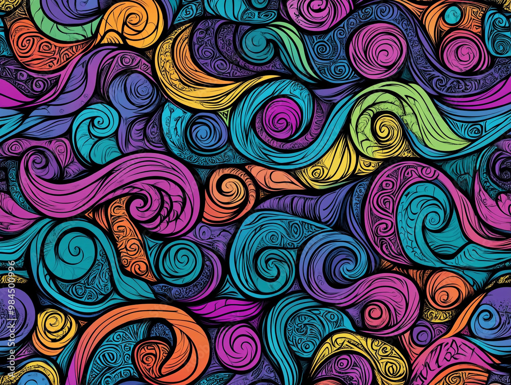 A colorful zentangle drawing with swirls and curves. The colors are ...