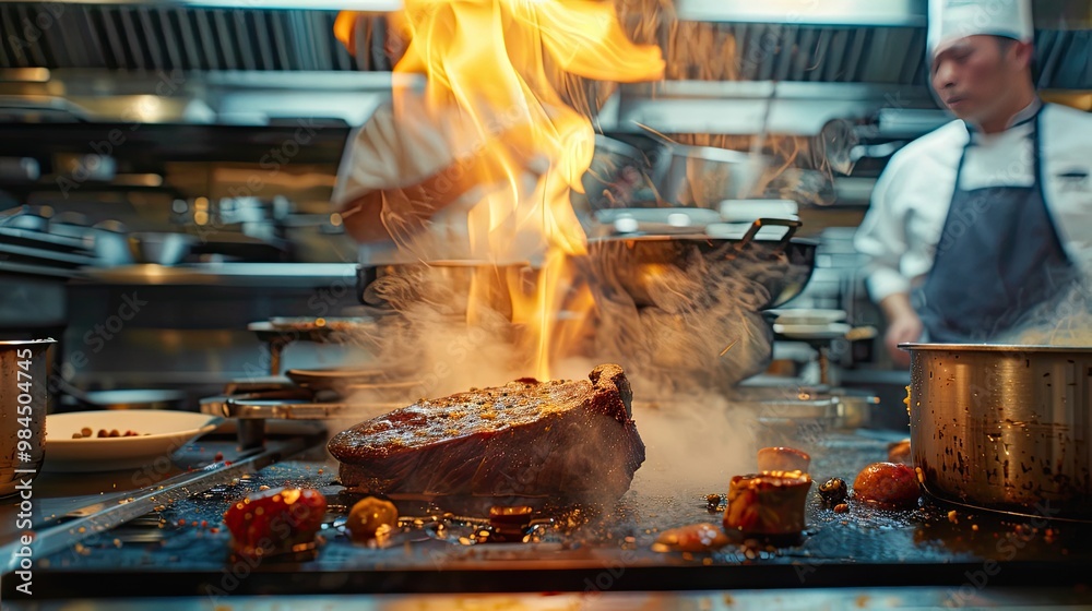 Professional cooking as chefs collaborate to create a fusion pork steak ...