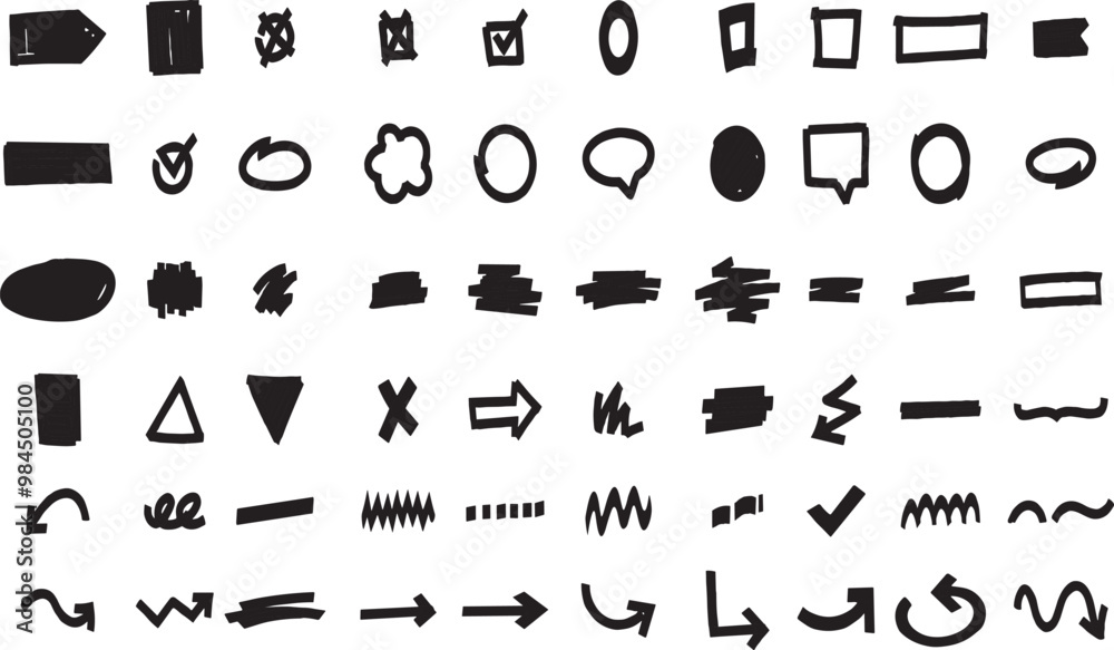 Line shape marker underline, arrow, heart brush element set. Hand drawn sketch marker underline ...