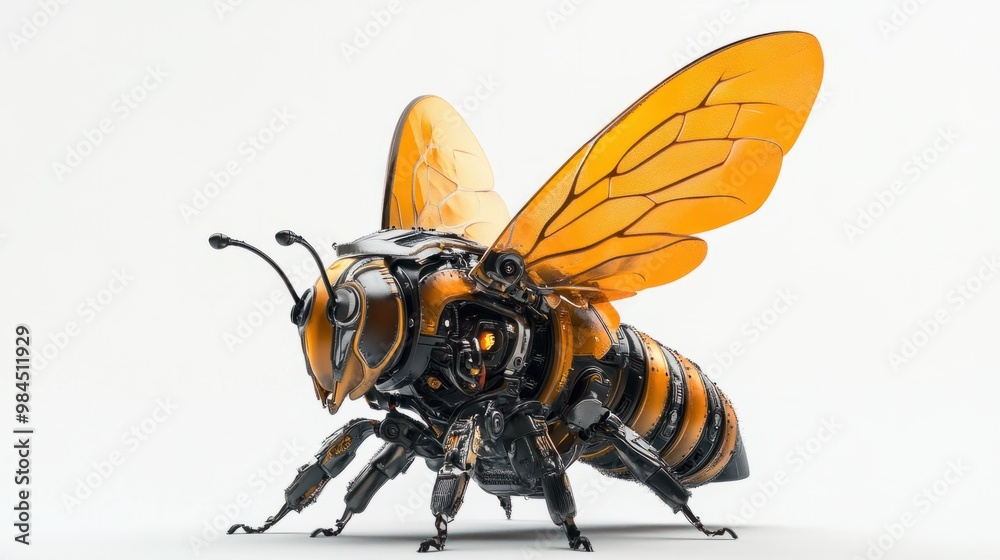 Bee robot in profile, wings fully extended, casting a small shadow on ...