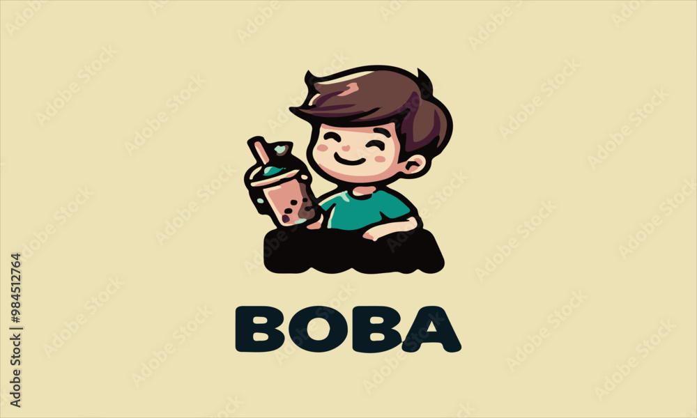 Cartoon boy enjoying boba tea; perfect for bubble tea shops ...