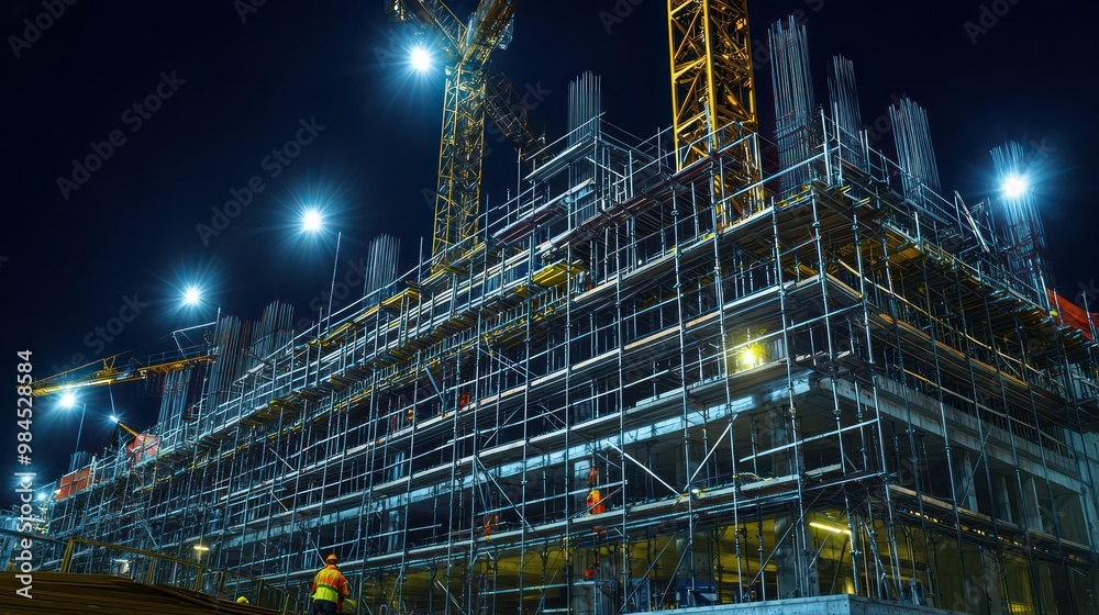 Detailed night view of an under-construction skyscraper with ...
