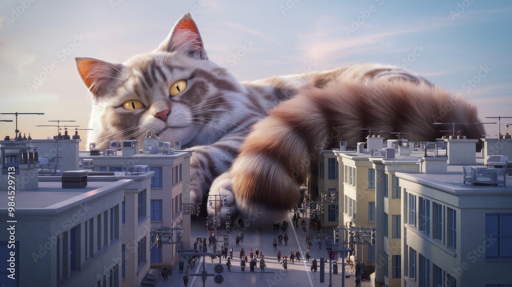 A giant cat, the size of a building, is lazily draped across the ...