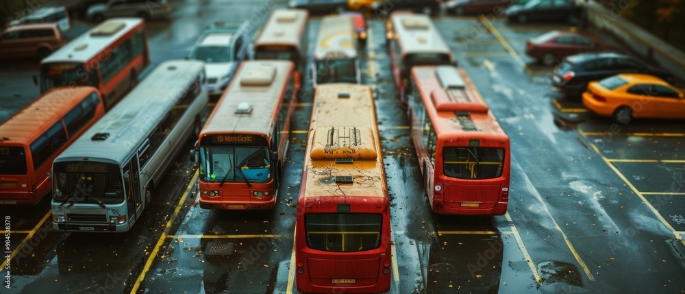 Image of rainy day at bus parking lot with red/white buses, cars ...