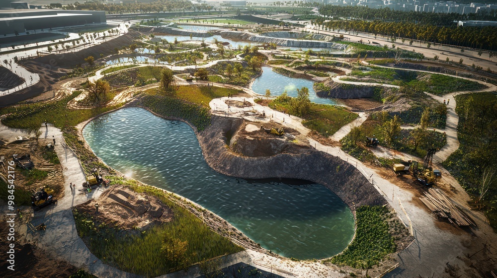 Hyper-realistic depiction of a large urban park under construction ...