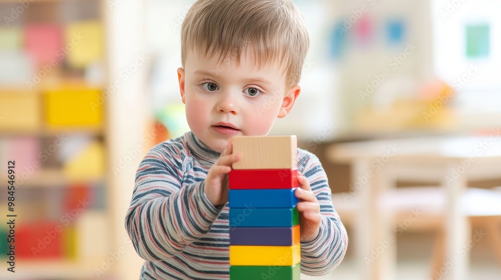 Adorable toddler boy with Down Syndrome stacking colorful blocks during ...