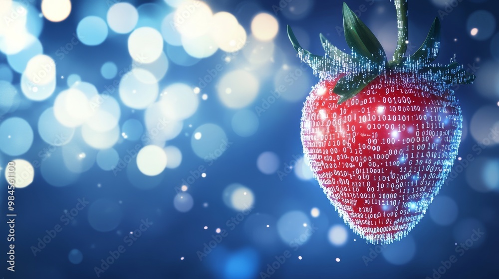 A binary code overlay is applied to the strawberry as a symbol of the ...